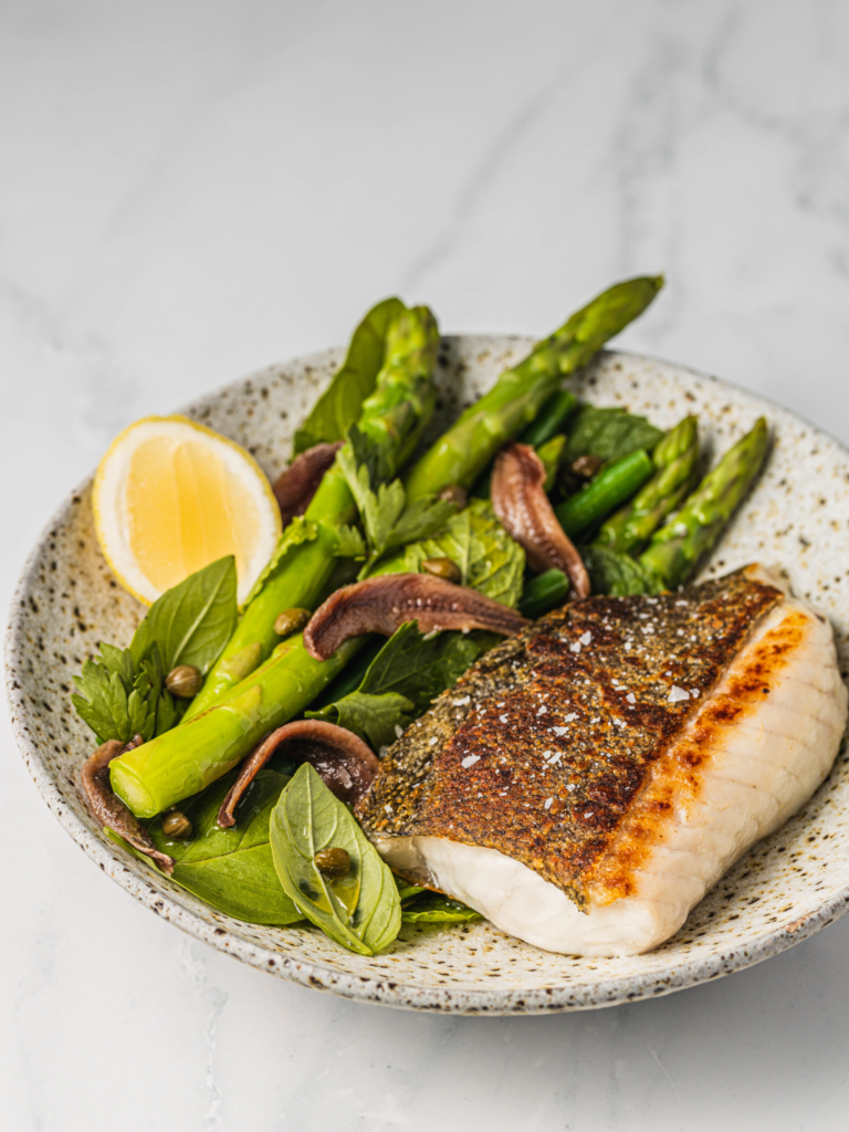 Crispy-skin Aquna with asparagus & green bean salad | Aquna Murray Cod