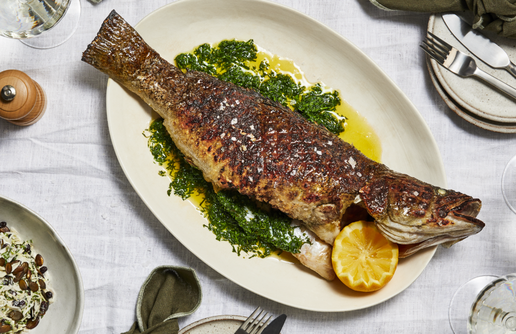 Josh Niland's Whole BBQ Aquna Murray Cod, Smoked Gremolata & Cabbage ...